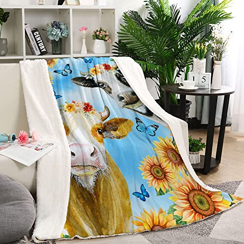 Onecmore Funny Cow Blanket for Kids Girl Cow Print Blanket for Women Cow Gifts for Cow Lovers Farm Animal Sunflower butterfly Soft Cozy Birthday Gifts for Couch Bed Chair Sofa Livingroom Decor 50"x60"