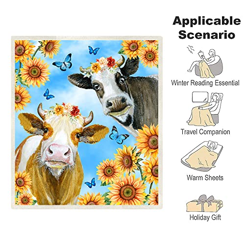 Onecmore Funny Cow Blanket for Kids Girl Cow Print Blanket for Women Cow Gifts for Cow Lovers Farm Animal Sunflower butterfly Soft Cozy Birthday Gifts for Couch Bed Chair Sofa Livingroom Decor 50"x60"