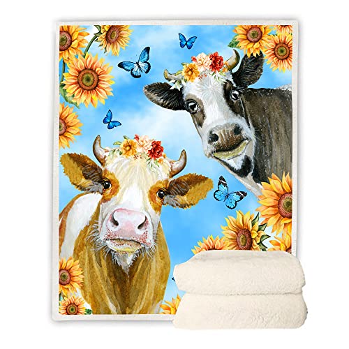 Onecmore Funny Cow Blanket for Kids Girl Cow Print Blanket for Women Cow Gifts for Cow Lovers Farm Animal Sunflower butterfly Soft Cozy Birthday Gifts for Couch Bed Chair Sofa Livingroom Decor 50"x60"