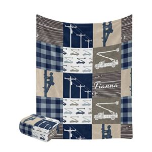 personalized lineman plaid patchwork blanket with name text custom super soft fleece throw blankets for couch sofa bed 50 x 60 inches