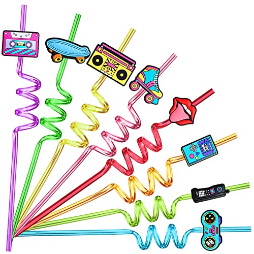 24 90s Party Favors 1990's Retro Element Straws Drinking Straws for Back to The 90s Party Decorations Supplies with 2 PCS Straws Cleaning Brush