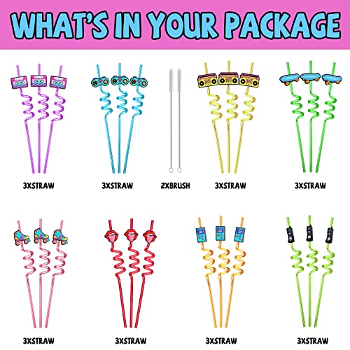 24 90s Party Favors 1990's Retro Element Straws Drinking Straws for Back to The 90s Party Decorations Supplies with 2 PCS Straws Cleaning Brush