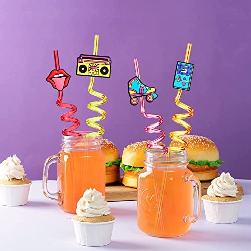 24 90s Party Favors 1990's Retro Element Straws Drinking Straws for Back to The 90s Party Decorations Supplies with 2 PCS Straws Cleaning Brush