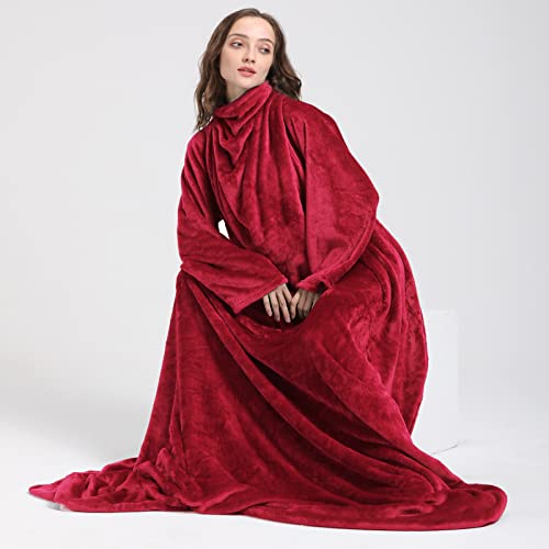 BALWYN TV Blanket with Sleeves Microfibre Foot Pocket Sleeves Fleece, 170 x 200 cm (Red)