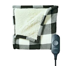 sunbeam microplush sherpa heated throw (plaid black and white)