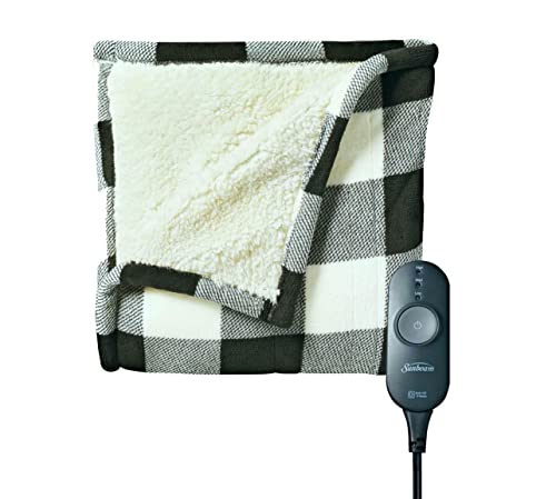 Sunbeam Microplush Sherpa Heated Throw (Plaid Black and White)