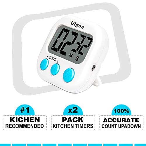 Uigos 2 Pack Digital Kitchen Timer II 2.0 , Big Digits, Loud Alarm, Magnetic Backing, Stand, for Cooking Baking Sports Games Office (White) (2 Pack)