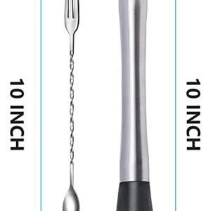 Ortarco 10 Inch Stainless Steel Muddler for Cocktail and 10 Inch Mixing Bar Spoon, 2 Pices Home Bar Tool Set