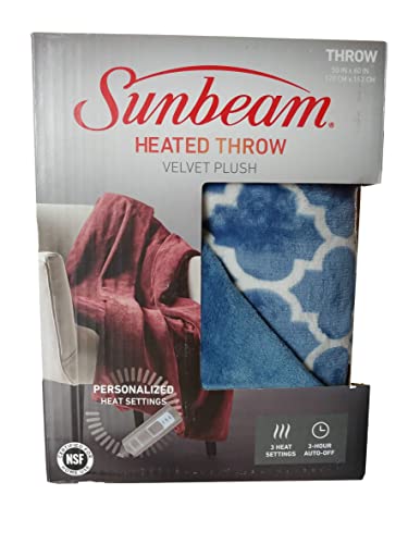 Sunbeam Premium-Soft Velvet Plush Electric Heated Throw Blanket, Machine Washable Dryer Safe, (Blue)