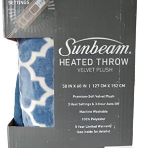 Sunbeam Premium-Soft Velvet Plush Electric Heated Throw Blanket, Machine Washable Dryer Safe, (Blue)