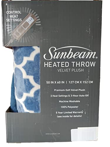 Sunbeam Premium-Soft Velvet Plush Electric Heated Throw Blanket, Machine Washable Dryer Safe, (Blue)