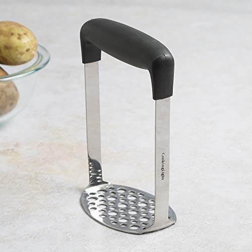 Cooking Light Heavy Duty Stainless Steel Masher, Broad and Ergonomic Horizontal, Fine Plate for Smooth Mashed Potatoes, Soft Grip and Non-Slip Handle, Stainless, Black