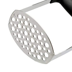 Cooking Light Heavy Duty Stainless Steel Masher, Broad and Ergonomic Horizontal, Fine Plate for Smooth Mashed Potatoes, Soft Grip and Non-Slip Handle, Stainless, Black