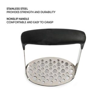 Cooking Light Heavy Duty Stainless Steel Masher, Broad and Ergonomic Horizontal, Fine Plate for Smooth Mashed Potatoes, Soft Grip and Non-Slip Handle, Stainless, Black