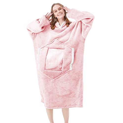 Wearable Blanket Hoodie Flannel Sherpa Fleece Blanket Sweatshirt for Adults Women Men Cozy Hooded Blanket with Hood PVC Pocket (Pink)