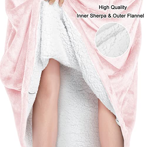 Wearable Blanket Hoodie Flannel Sherpa Fleece Blanket Sweatshirt for Adults Women Men Cozy Hooded Blanket with Hood PVC Pocket (Pink)