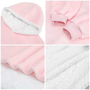 Wearable Blanket Hoodie Flannel Sherpa Fleece Blanket Sweatshirt for Adults Women Men Cozy Hooded Blanket with Hood PVC Pocket (Pink)