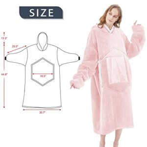 Wearable Blanket Hoodie Flannel Sherpa Fleece Blanket Sweatshirt for Adults Women Men Cozy Hooded Blanket with Hood PVC Pocket (Pink)