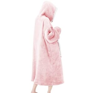 Wearable Blanket Hoodie Flannel Sherpa Fleece Blanket Sweatshirt for Adults Women Men Cozy Hooded Blanket with Hood PVC Pocket (Pink)