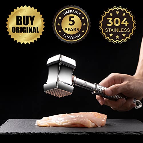 Meat Tenderizer Stainless Steel - Premium Classic Meat Hammer - Kitchen Meat Mallet - Chicken, Conch, Veal Cutlets Meat Tenderizer Tool - Meat Pounder Flattener - Non-SLIP Grip with 5 years Warranty