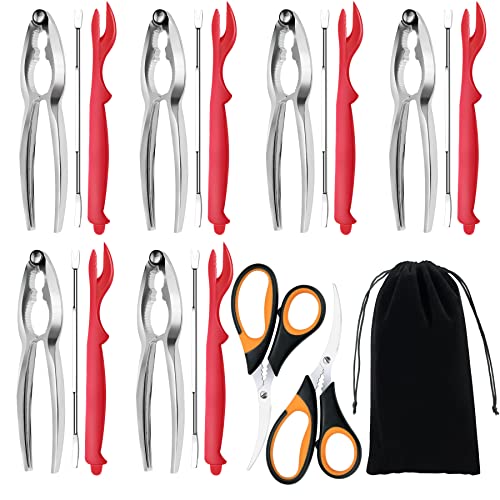 Seafood Cracker Tools, 21 Pcs Crab Leg Crackers and Tools, 6 Crab Crackers, 6 Crab Leg Forks/Picks, 6 Lobster Shellers, 2 Seafood Scissors & 1 Storage Bag, mobzio Portable Seafood Boil Party Supplies