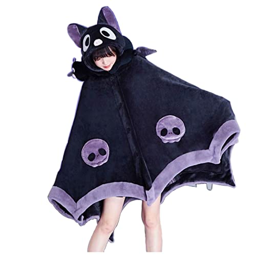 Cute Halloween Wearable Blanket Hoodie for Adults Devil Bat Hooded Blanket Oversized Soft Sherpa Hoodie Women Throw Cloak Wrap with Demon Wings for Women Men Child Student,XL