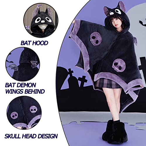 Cute Halloween Wearable Blanket Hoodie for Adults Devil Bat Hooded Blanket Oversized Soft Sherpa Hoodie Women Throw Cloak Wrap with Demon Wings for Women Men Child Student,XL