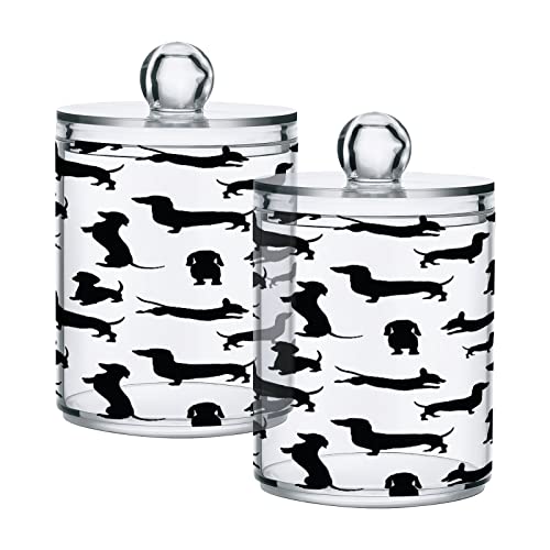 WELLDAY Apothecary Jars Bathroom Storage Organizer with Lid - 14 oz Qtip Holder Storage Canister, Dachshund Dogs Black Clear Plastic Jar for Cotton Swab, Cotton Ball, Floss Picks, Makeup Sponges,Hair