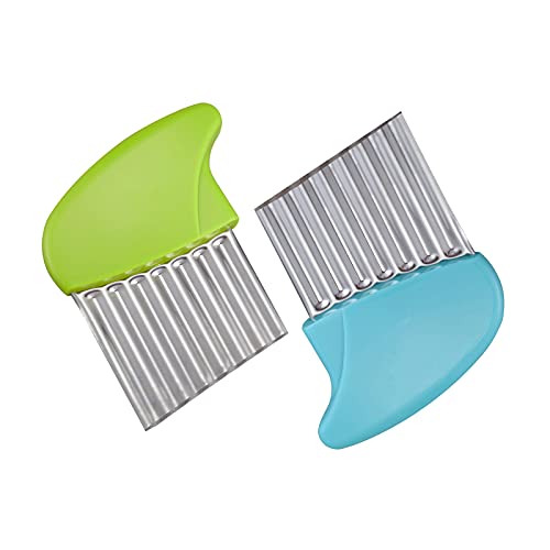 Crinkle Cutter, Stainless Steel Waffle Fry Cutter, Wavy Chopper for Veggies Potato Carrots Butter Lettuce, 2 PCS(Green and Blue)