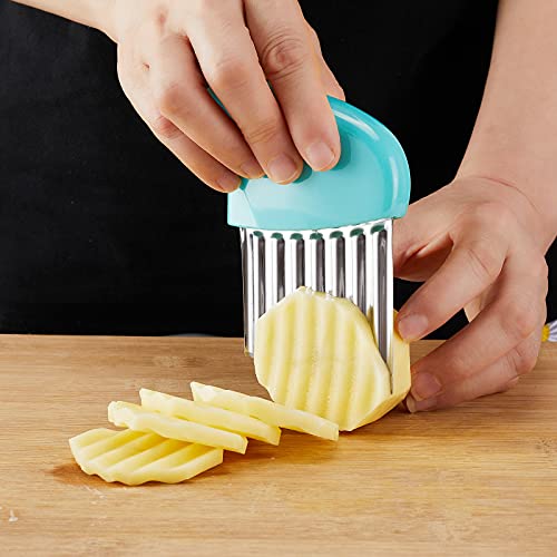 Crinkle Cutter, Stainless Steel Waffle Fry Cutter, Wavy Chopper for Veggies Potato Carrots Butter Lettuce, 2 PCS(Green and Blue)