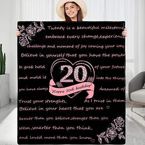 KERAOO Happy 20th Birthday Blanket Gift for Women, 20 Years Old Birthday Ideas Gift for Her, 20th Birthday Christmas Valnetine's Day Throw Blanket Gift for Wife Daughter Girlfriend Friend