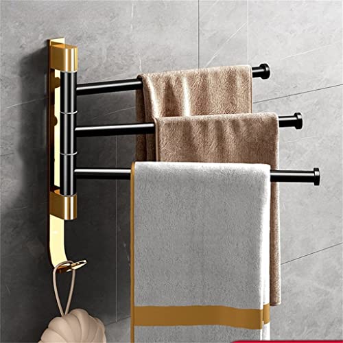 FCMLD Rotary Towel Rack Light Luxury Black Gold Punch-Free Bathroom Aluminium Activity Folding Organizer Shelf Hanging Wall Shelves (Color : 2, Size