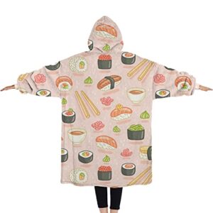 Oversized Wearable Blanket Hoodie Sweatshirt Sushi and Rolls on Pink Warm Flannel Blanket Sweater with Giant Pocket for Women, Adult, Girls, Friend