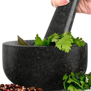 Heavy Duty Large Mortar and Pestle Set, Hand Carved from Natural Granite, Make Fresh Guacamole, Salsa, Pesto, Stone Grinder Bowl, Herb Crusher, Spice Grinder, 6.3 Inch Size, Black