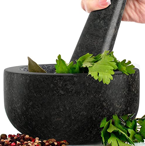 Heavy Duty Large Mortar and Pestle Set, Hand Carved from Natural Granite, Make Fresh Guacamole, Salsa, Pesto, Stone Grinder Bowl, Herb Crusher, Spice Grinder, 6.3 Inch Size, Black