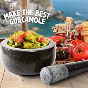 Heavy Duty Large Mortar and Pestle Set, Hand Carved from Natural Granite, Make Fresh Guacamole, Salsa, Pesto, Stone Grinder Bowl, Herb Crusher, Spice Grinder, 6.3 Inch Size, Black