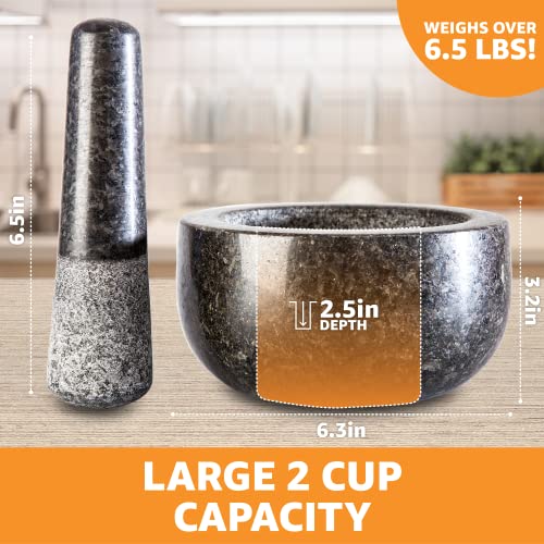 Heavy Duty Large Mortar and Pestle Set, Hand Carved from Natural Granite, Make Fresh Guacamole, Salsa, Pesto, Stone Grinder Bowl, Herb Crusher, Spice Grinder, 6.3 Inch Size, Black