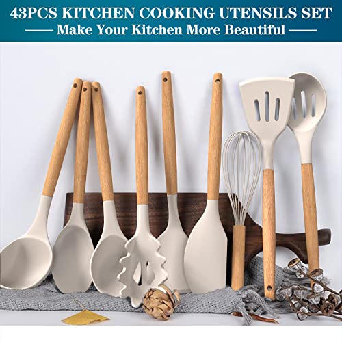 Silicone Cooking Utensils Set, 43Pcs Non-Stick Heat Resistant Kitchen Utensils Spatula Set with Wooden Handle for Baking, Cooking, and Mixing, Best Kitchen Gadgets Tools with Holder (Khaki)