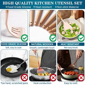 Silicone Cooking Utensils Set, 43Pcs Non-Stick Heat Resistant Kitchen Utensils Spatula Set with Wooden Handle for Baking, Cooking, and Mixing, Best Kitchen Gadgets Tools with Holder (Khaki)