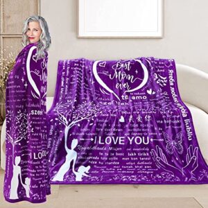 Mothers Day Mom Gifts,Gifts for Mom from Daughter Son,100 Languages I Love You Soft Fleece Blanket, Inspirational Tree of Life with Butterfly Purple Throw Blanket, Birthday Christmas Day 70”x 55”