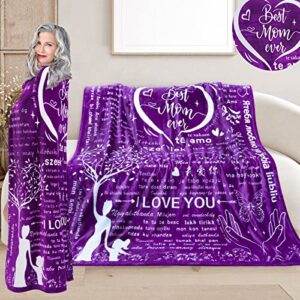 Mothers Day Mom Gifts,Gifts for Mom from Daughter Son,100 Languages I Love You Soft Fleece Blanket, Inspirational Tree of Life with Butterfly Purple Throw Blanket, Birthday Christmas Day 70”x 55”