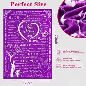 Mothers Day Mom Gifts,Gifts for Mom from Daughter Son,100 Languages I Love You Soft Fleece Blanket, Inspirational Tree of Life with Butterfly Purple Throw Blanket, Birthday Christmas Day 70”x 55”