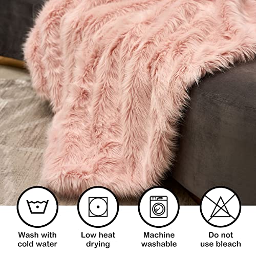 Pink Faux Fur Throw Blanket, Luxury Modern Blush Home Throw Blanket, Super Warm, Fuzzy, Elegant, Fluffy Thick Heavy Decoration Blanket Scarf for Sofa, Couch and Bed, 60''x 80''