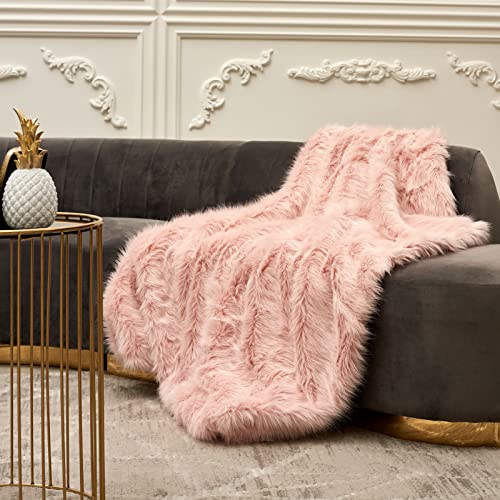 Pink Faux Fur Throw Blanket, Luxury Modern Blush Home Throw Blanket, Super Warm, Fuzzy, Elegant, Fluffy Thick Heavy Decoration Blanket Scarf for Sofa, Couch and Bed, 60''x 80''