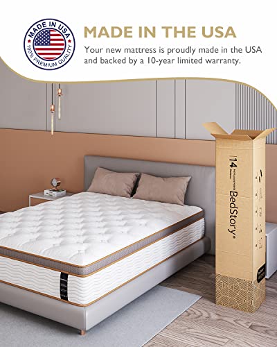 BedStory Queen Mattress - Made in USA - 14 Inch Hybrid Mattress Medium Feel, Individually Wrapped Coils for Pressure Relief & Motion Isolation, 80”x60”x14”