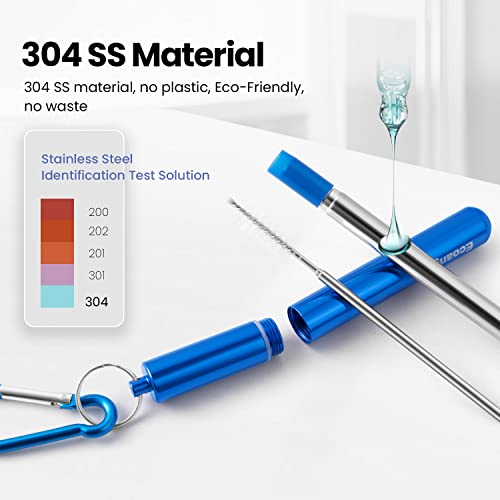 4 Pack Portable Reusable Metal Straw Collapsible Stainless Steel Drinking Straw Telescopic Straw to Drink Water Smoothie with Aluminum Key-chain Case & Cleaning Brush （Silver & blue & red & green）