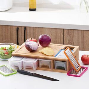 COMELLOW Bamboo Cutting Board with Containers, Lids, and Graters, Large Wood Chopping Board with Containers, Food Dropping Zone, Carving Board with Easy-grip Handle, Juice Groove