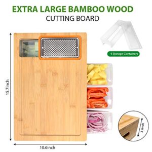 COMELLOW Bamboo Cutting Board with Containers, Lids, and Graters, Large Wood Chopping Board with Containers, Food Dropping Zone, Carving Board with Easy-grip Handle, Juice Groove