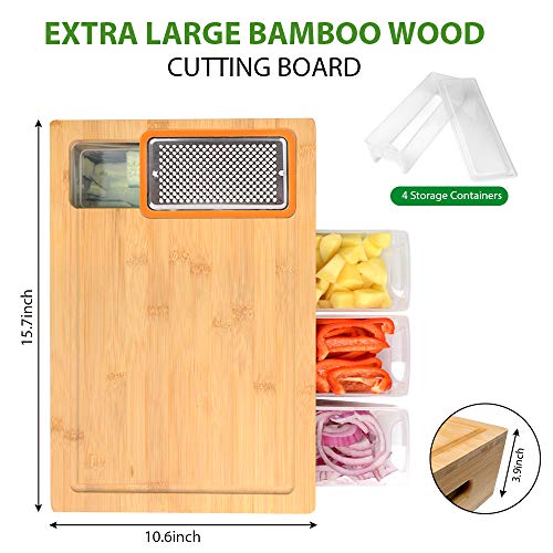 COMELLOW Bamboo Cutting Board with Containers, Lids, and Graters, Large Wood Chopping Board with Containers, Food Dropping Zone, Carving Board with Easy-grip Handle, Juice Groove