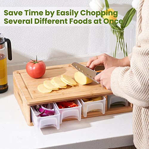 COMELLOW Bamboo Cutting Board with Containers, Lids, and Graters, Large Wood Chopping Board with Containers, Food Dropping Zone, Carving Board with Easy-grip Handle, Juice Groove